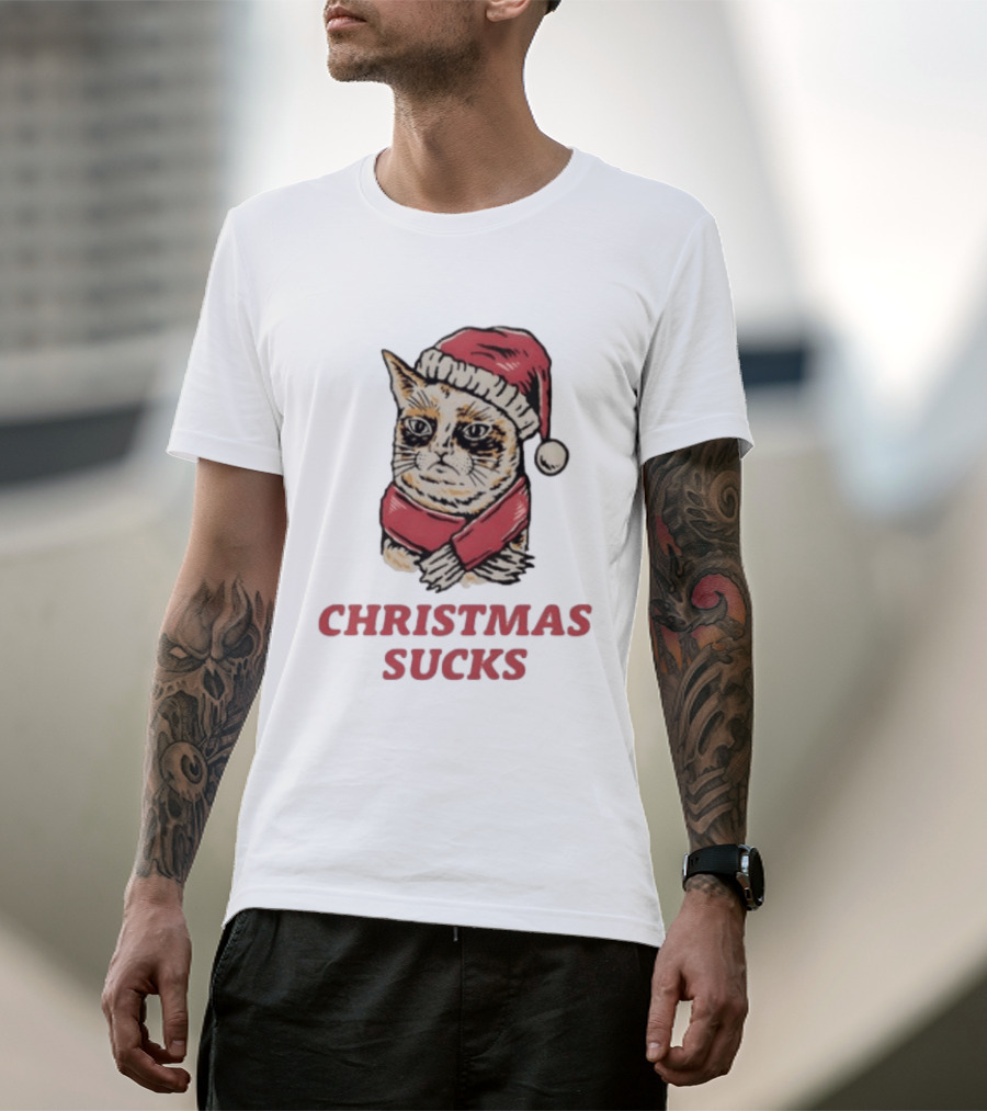 Cat Santa Hat Christmas Sucks Grumpy Humor T-Shirt