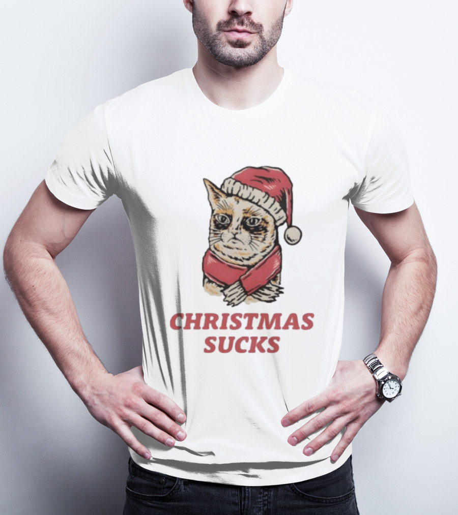Cat Santa Hat Christmas Sucks Grumpy Humor T-Shirt