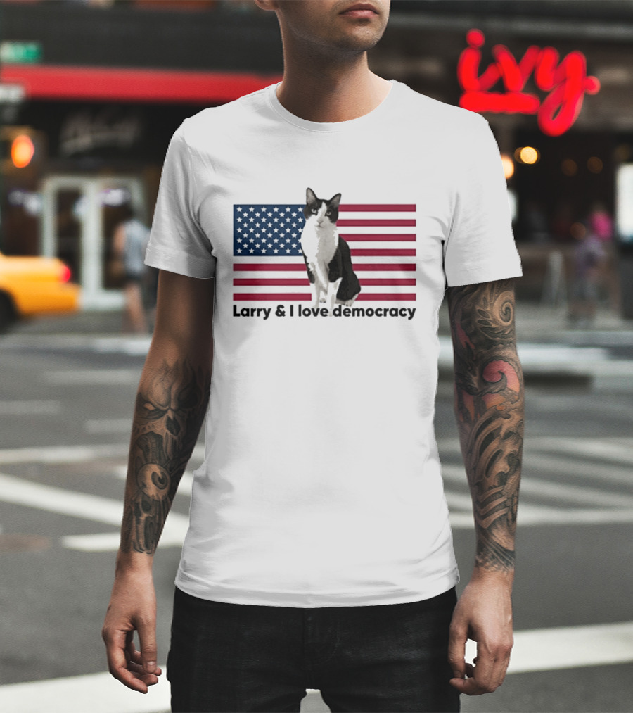 Larry I Love Democracy Cat American Flag T-Shirt