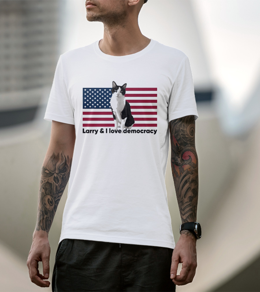 Larry I Love Democracy Cat American Flag T-Shirt