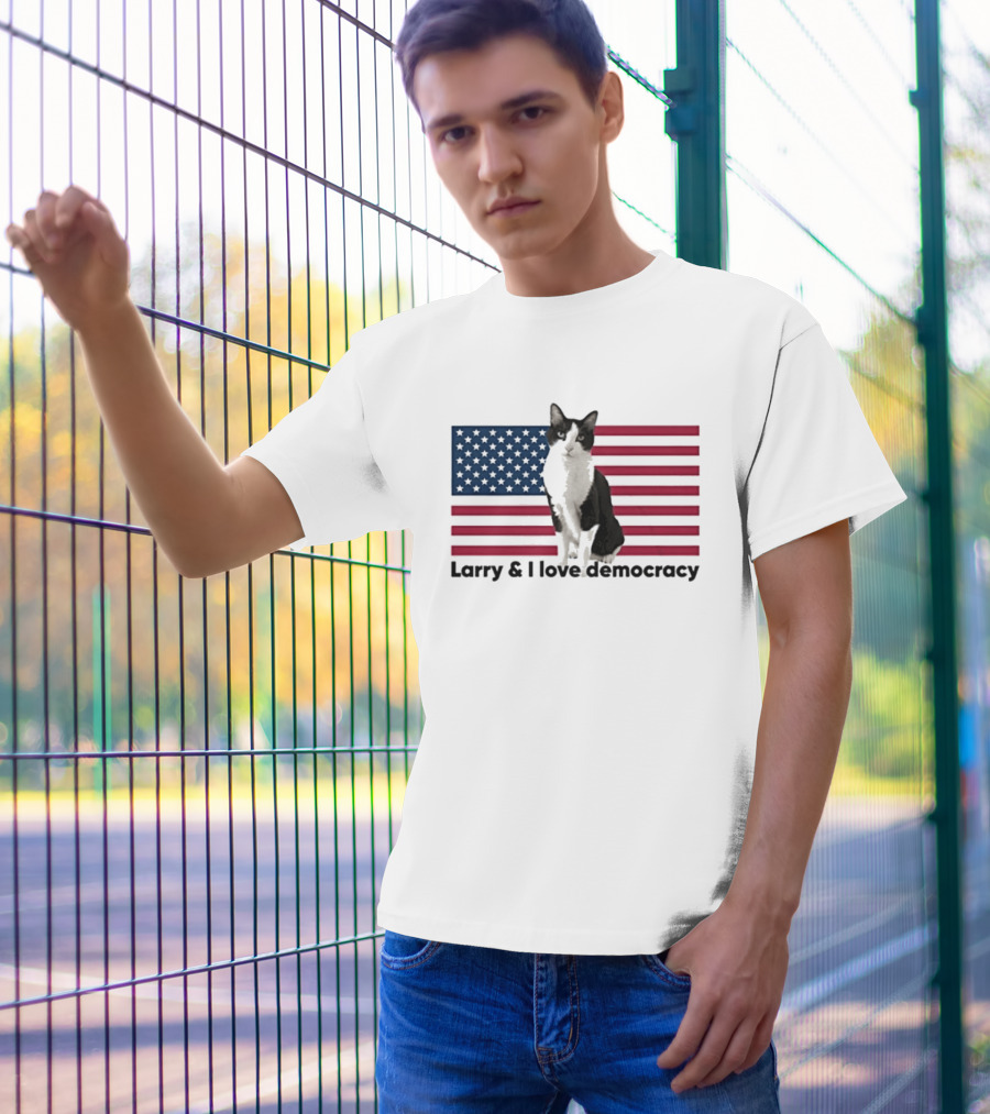 Larry I Love Democracy Cat American Flag T-Shirt