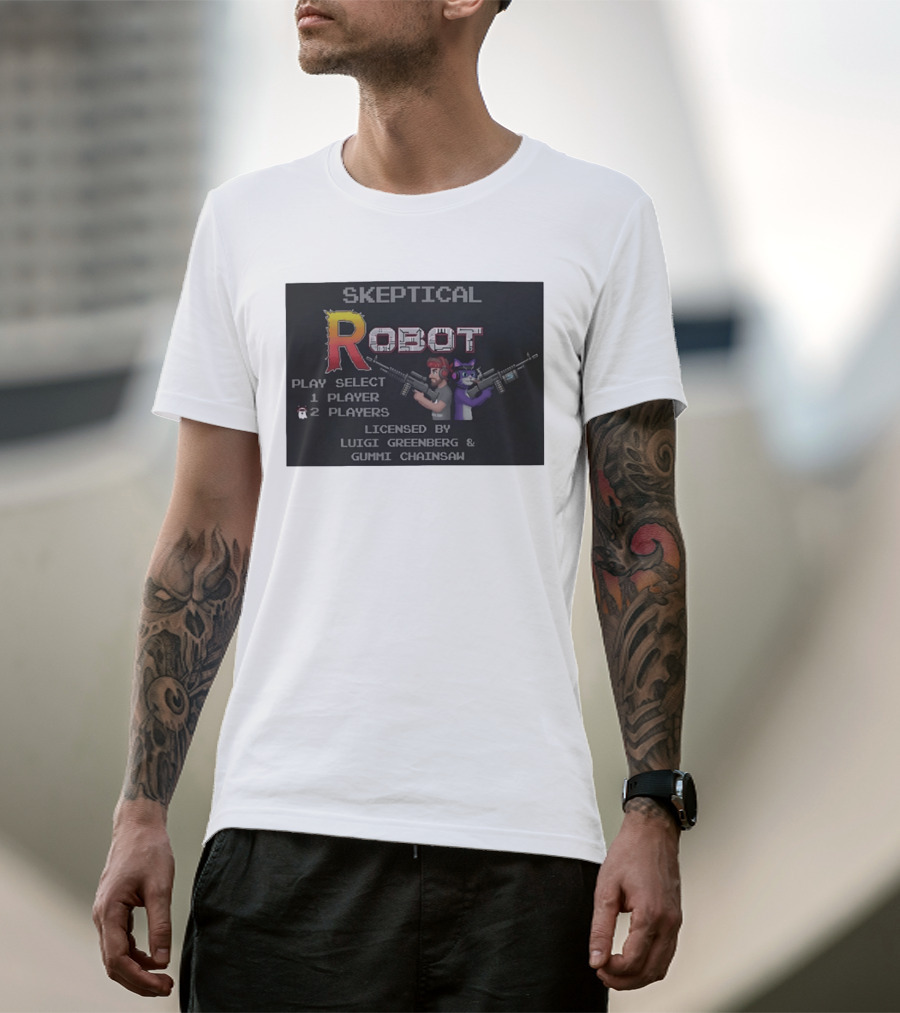 Skeptical Robot Play Select Luigi Greenberg Gummi Chainsaw T-Shirt
