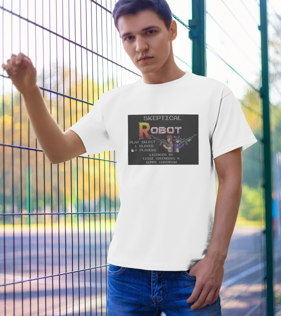 Skeptical Robot Play Select Luigi Greenberg Gummi Chainsaw T-Shirt
