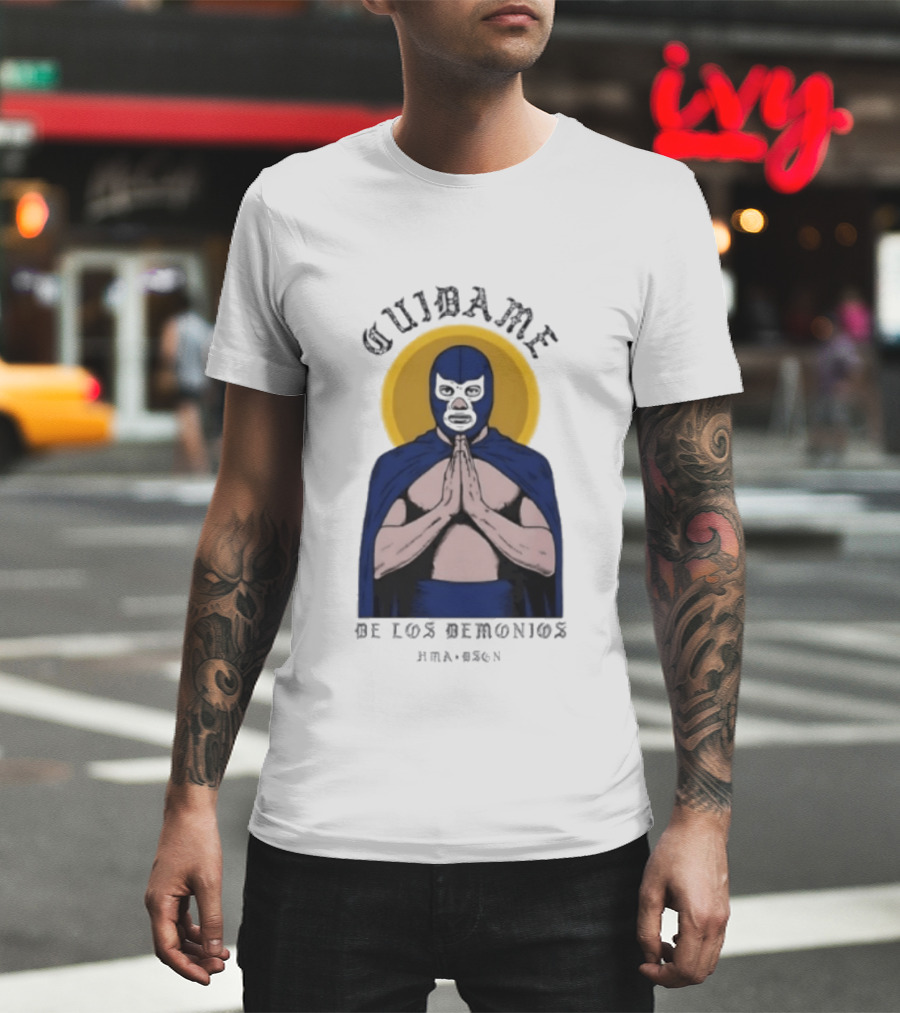 Cuidame De Los Demonios Original Blue Demon Luchador Praying Hands T-Shirt