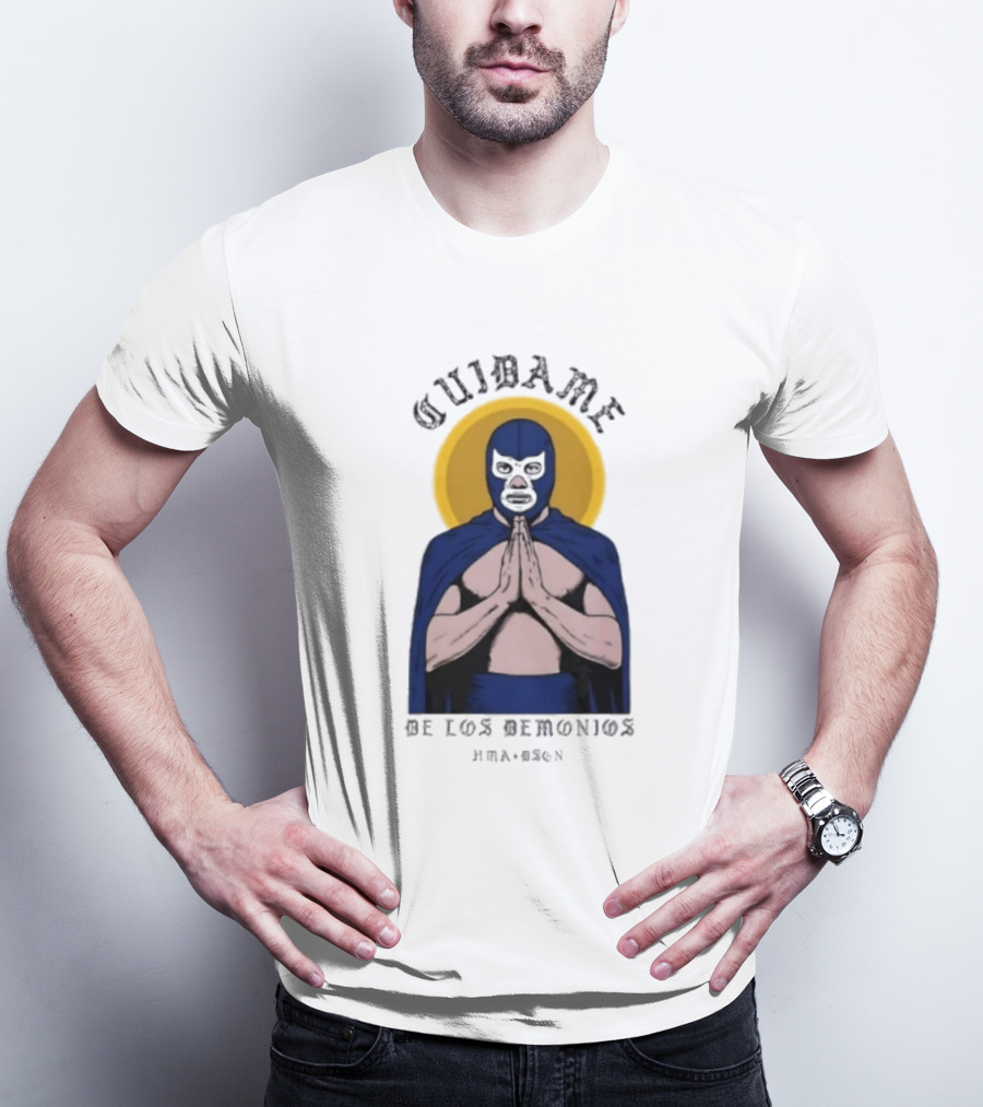 Cuidame De Los Demonios Original Blue Demon Luchador Praying Hands T-Shirt