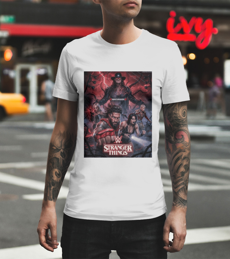 WWE And Stranger Things Crossover With The Undertaker, Roman Reigns, Cody Rhodes, Rhea Ripley, And Liv Morgan T-Shirt