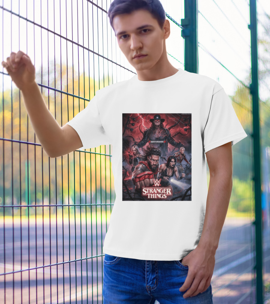 WWE And Stranger Things Crossover With The Undertaker, Roman Reigns, Cody Rhodes, Rhea Ripley, And Liv Morgan T-Shirt