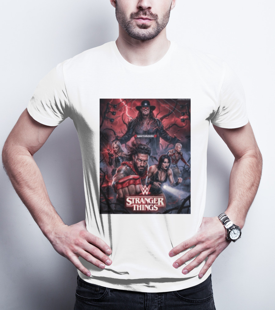 WWE And Stranger Things Crossover With The Undertaker, Roman Reigns, Cody Rhodes, Rhea Ripley, And Liv Morgan T-Shirt