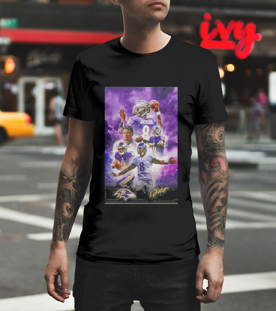 Baltimore Ravens Lamar Jackson 8 With Signature T-Shirt