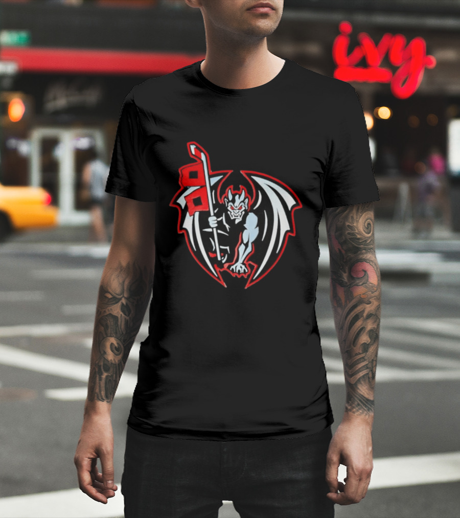 Greensboro Gargoyles Hockey Team Winged Gargoyle Holding Hockey Stick With Red Flag T-Shirt