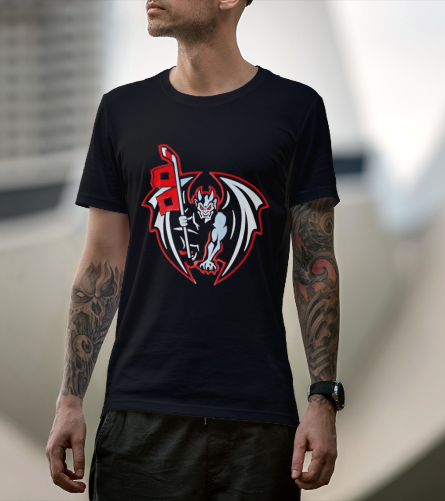 Greensboro Gargoyles Hockey Team Winged Gargoyle Holding Hockey Stick With Red Flag T-Shirt