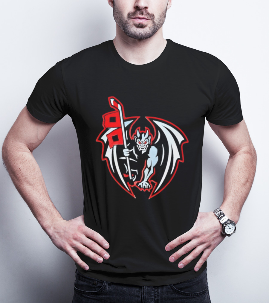 Greensboro Gargoyles Hockey Team Winged Gargoyle Holding Hockey Stick With Red Flag T-Shirt