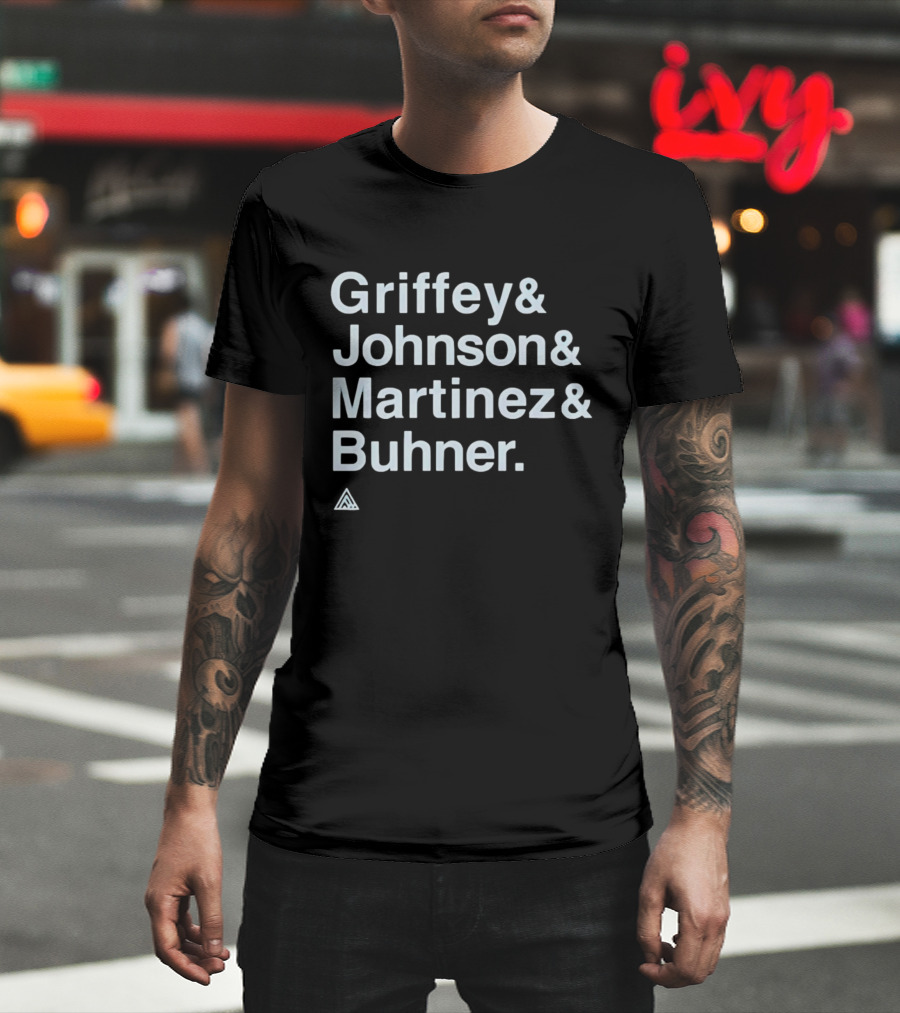 Griffey Johnson Martinez Buhner White Sans Serif Text Triangular T-Shirt