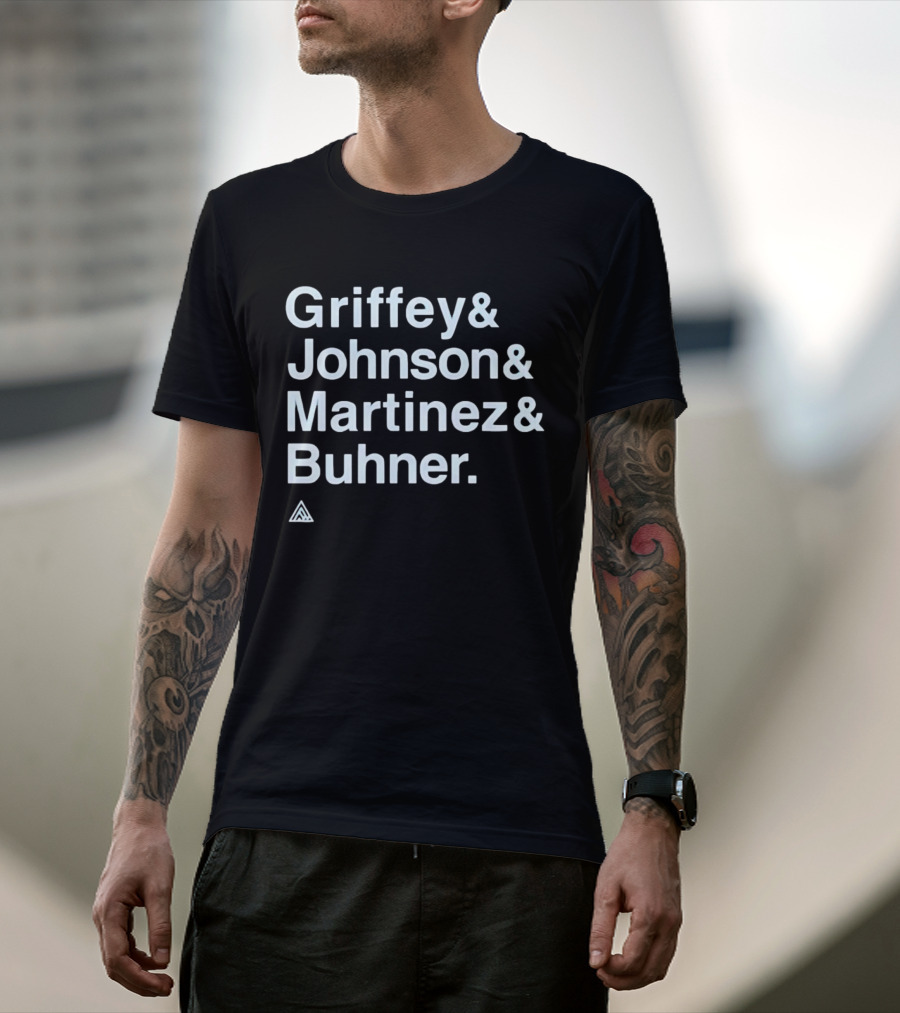 Griffey Johnson Martinez Buhner White Sans Serif Text Triangular T-Shirt
