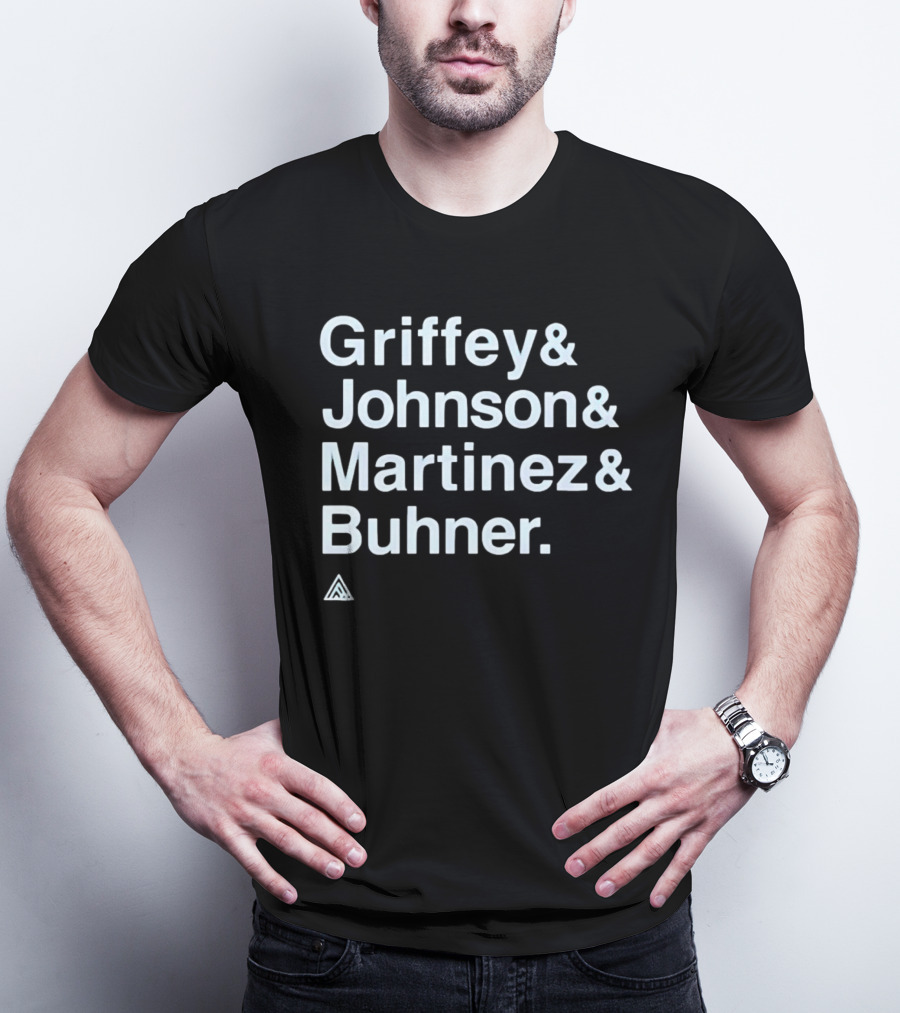 Griffey Johnson Martinez Buhner White Sans Serif Text Triangular T-Shirt