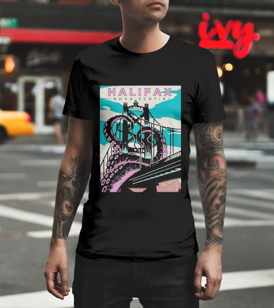 Halifax Nova Scotia Kraken Bridge Retro Travel T-Shirt