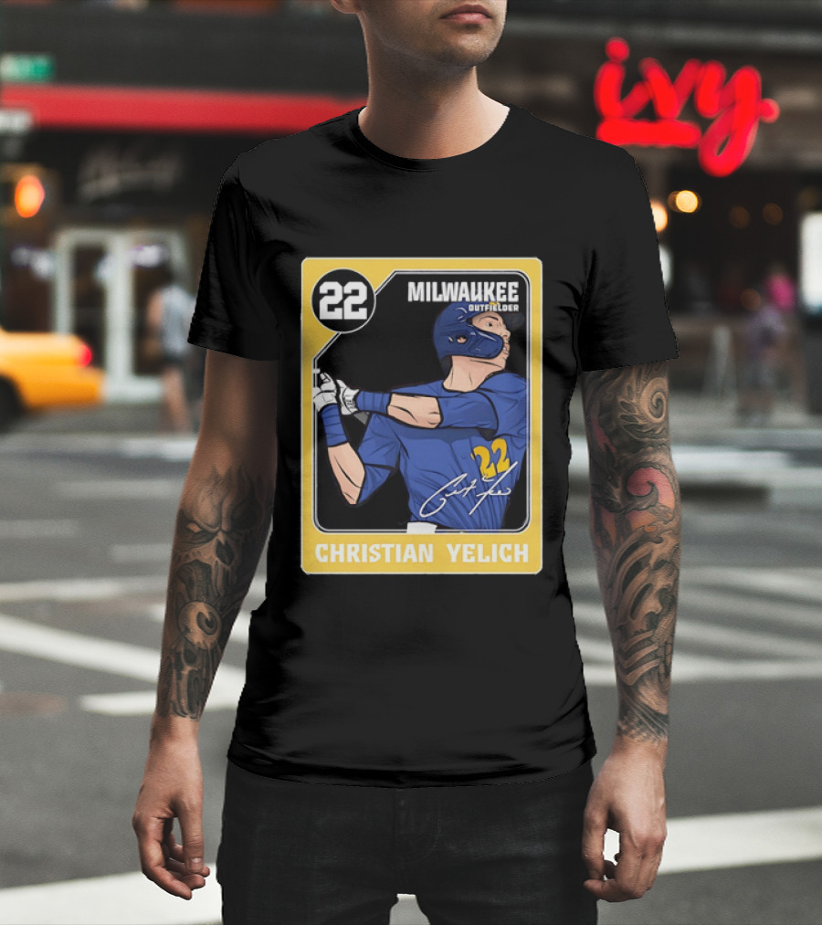 Christian Yelich Milwaukee Outfielder 22 Blue Jersey Yellow T-Shirt