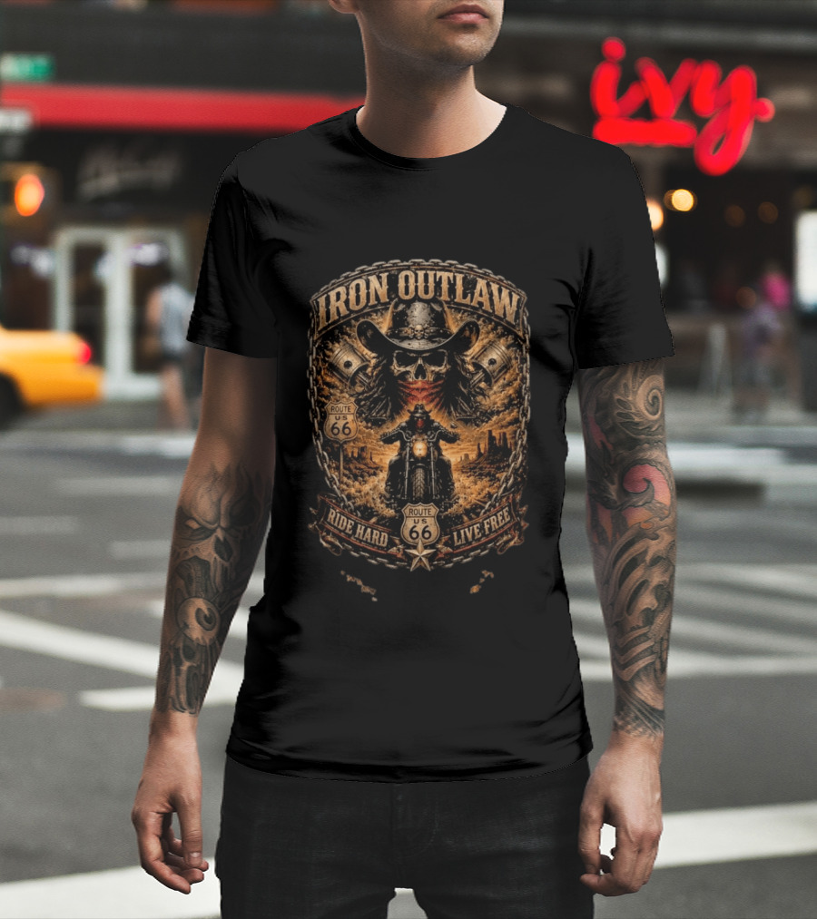 Iron Outlaw Cowboy Skull Motorcycle Route 66 Ride Hard Live Free T-Shirt