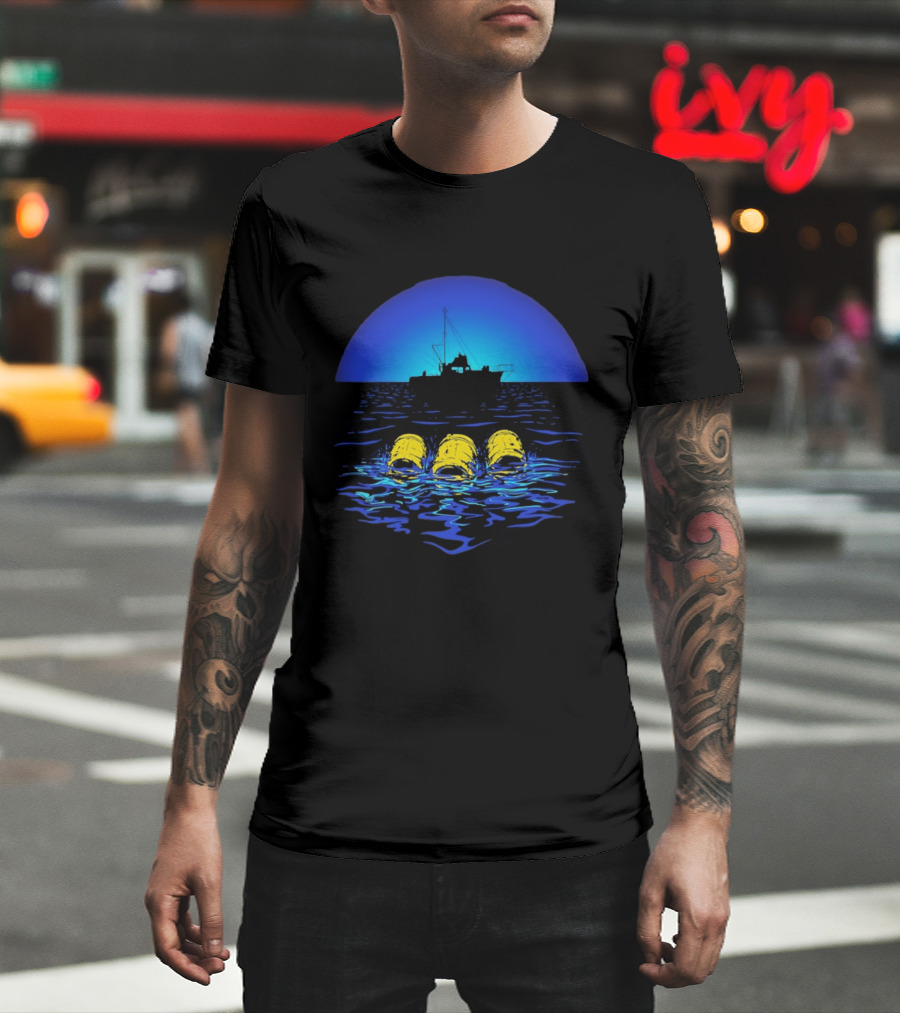 Jaws Orca Boat With Yellow Barrels Steven Spielberg Retro Ocean Scene T-Shirt