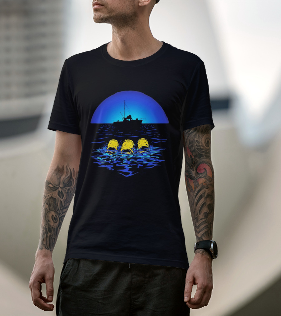 Jaws Orca Boat With Yellow Barrels Steven Spielberg Retro Ocean Scene T-Shirt