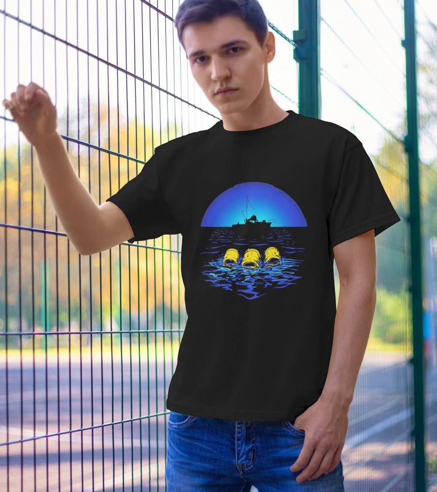 Jaws Orca Boat With Yellow Barrels Steven Spielberg Retro Ocean Scene T-Shirt