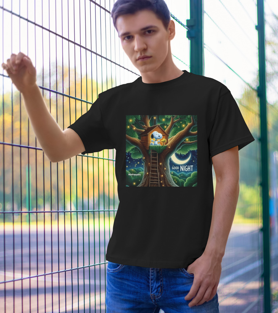 Leave A Heart If You Love Snoopy Good Night Treehouse Moonlit Scene T-Shirt