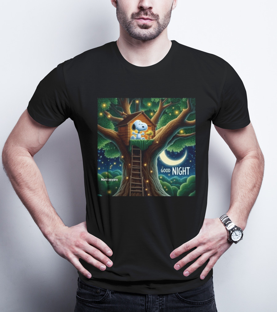 Leave A Heart If You Love Snoopy Good Night Treehouse Moonlit Scene T-Shirt