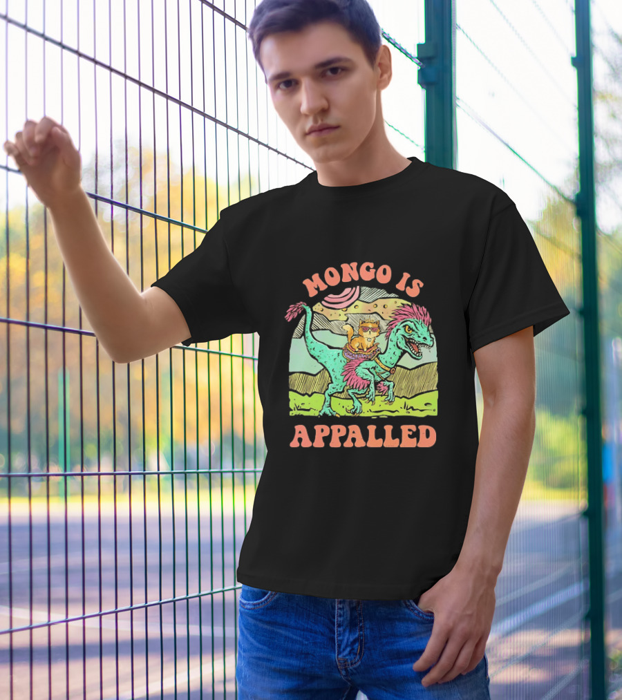 Mongo Is Appalled Cat Riding Dinosaur Raptor T-Shirt