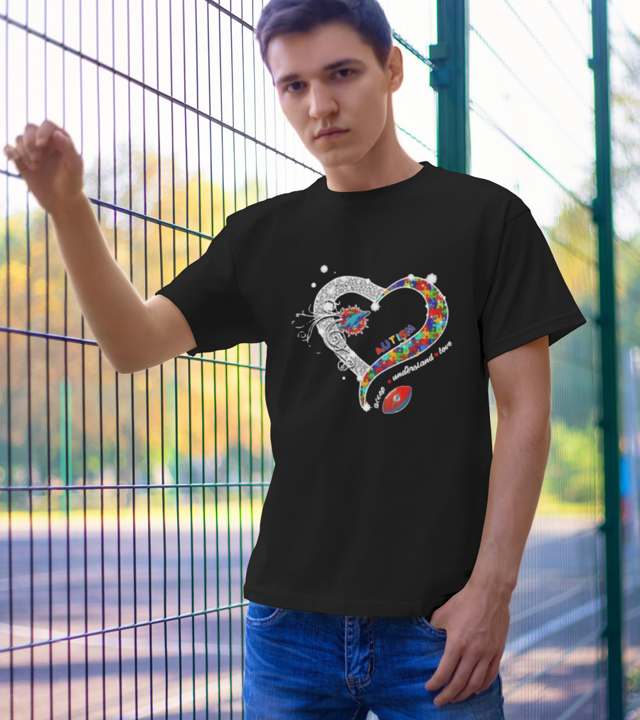 Miami Dolphins Autism Accept Understand Love Heart Diamond Puzzle T-Shirt