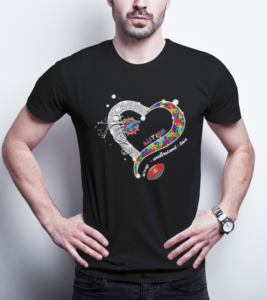 Miami Dolphins Autism Accept Understand Love Heart Diamond Puzzle T-Shirt