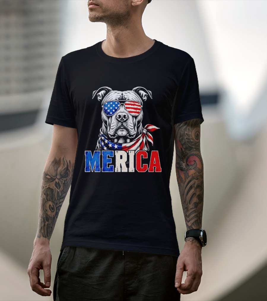 Patriotic Pit Bull Merica Dog With American Flag Sunglasses And Bandana T-Shirt