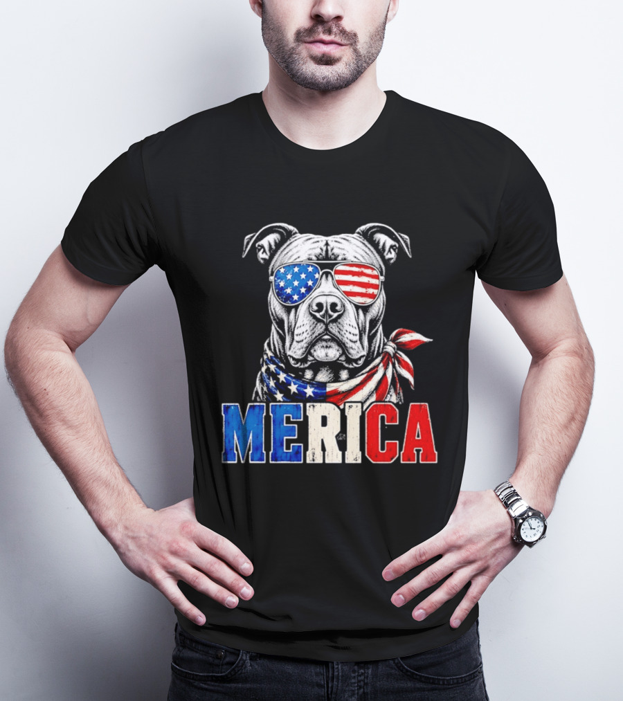 Patriotic Pit Bull Merica Dog With American Flag Sunglasses And Bandana T-Shirt