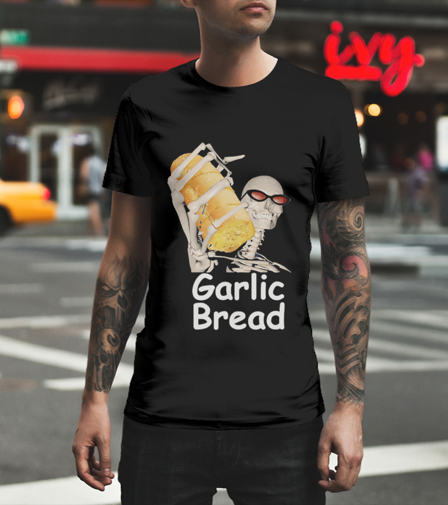 Skeleton Holding Baguette Garlic Bread Wearing Sunglasses T-Shirt