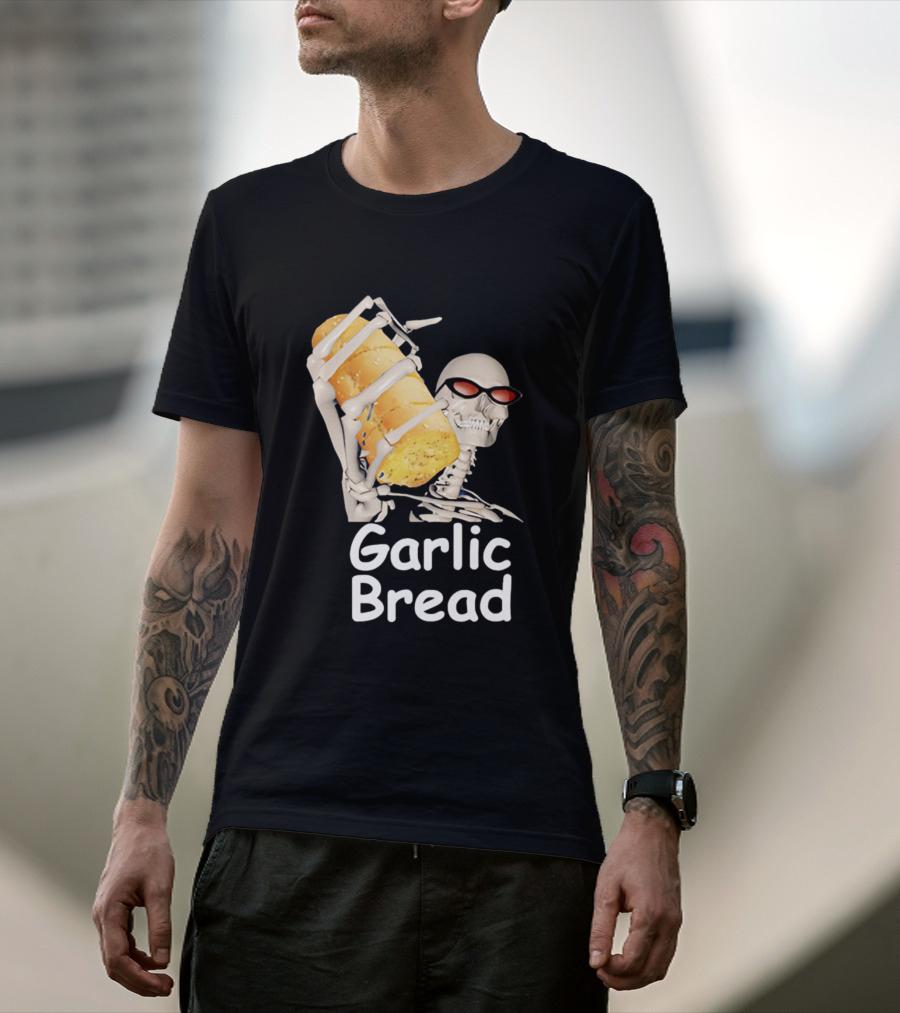 Skeleton Holding Baguette Garlic Bread Wearing Sunglasses T-Shirt