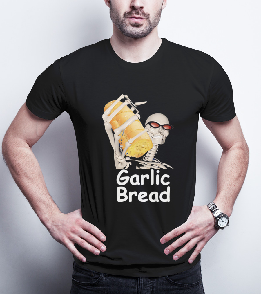 Skeleton Holding Baguette Garlic Bread Wearing Sunglasses T-Shirt