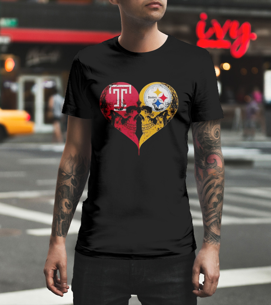 Temple Owls Pittsburgh Steelers Skulls Heart Shape Distressed T-Shirt