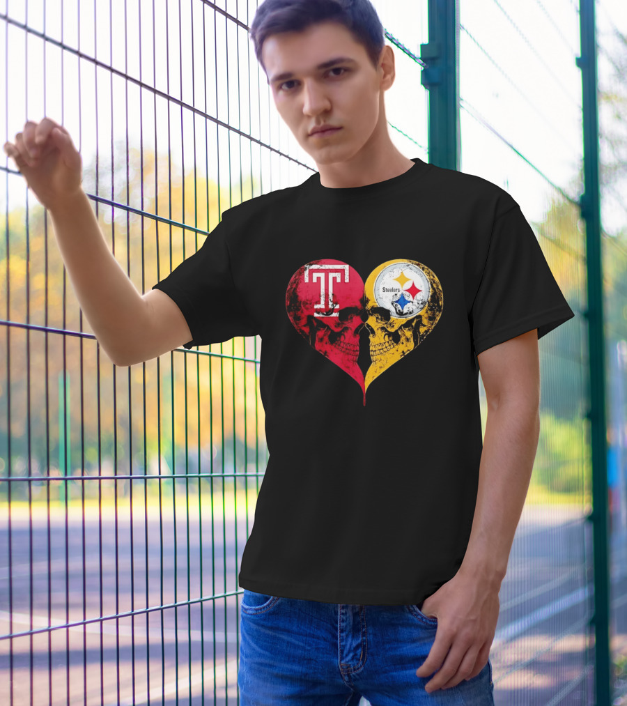 Temple Owls Pittsburgh Steelers Skulls Heart Shape Distressed T-Shirt