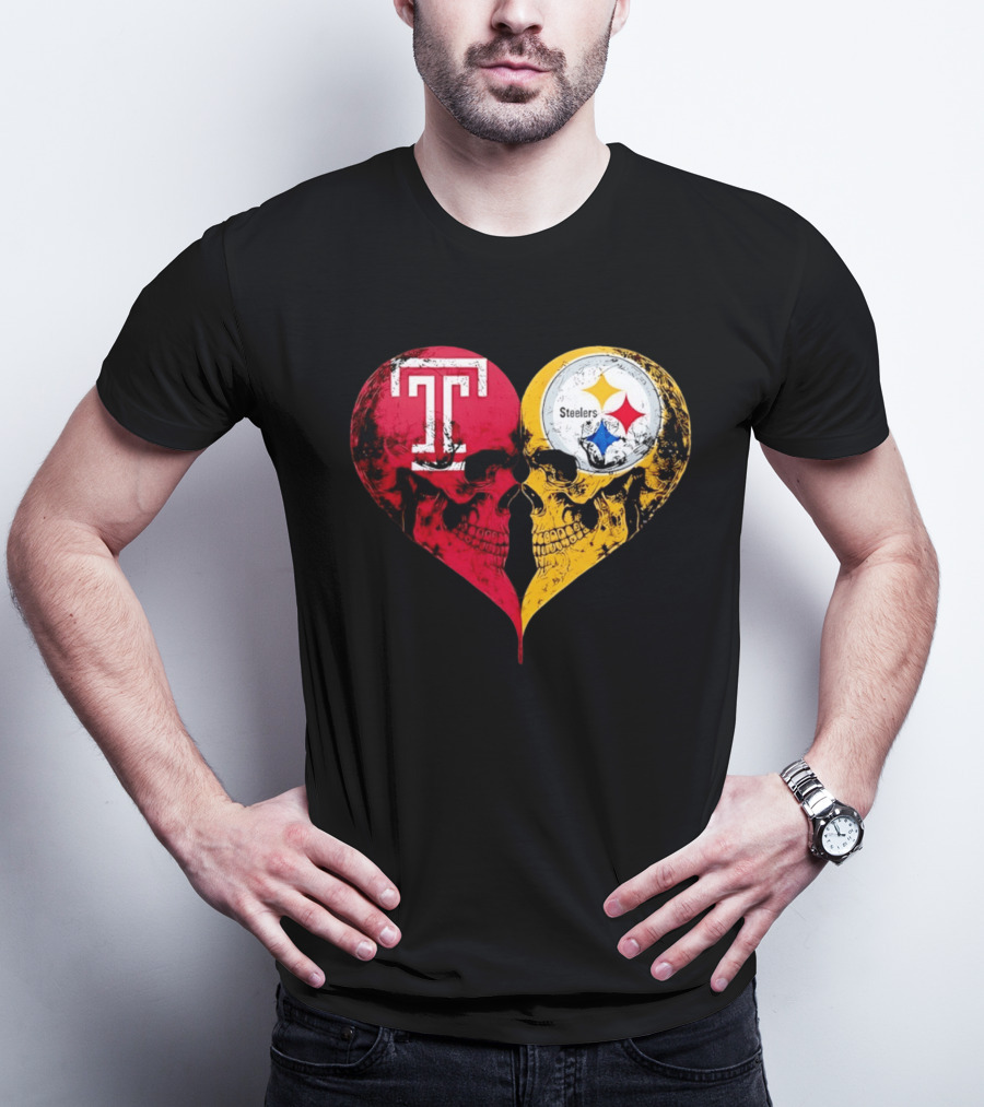 Temple Owls Pittsburgh Steelers Skulls Heart Shape Distressed T-Shirt