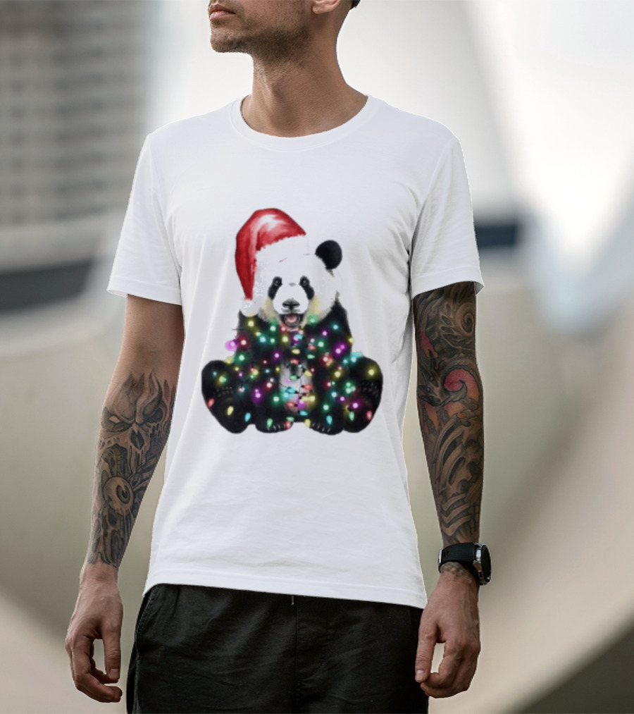 Panda With Christmas Lights And Santa Hat Holiday Animals T-Shirt