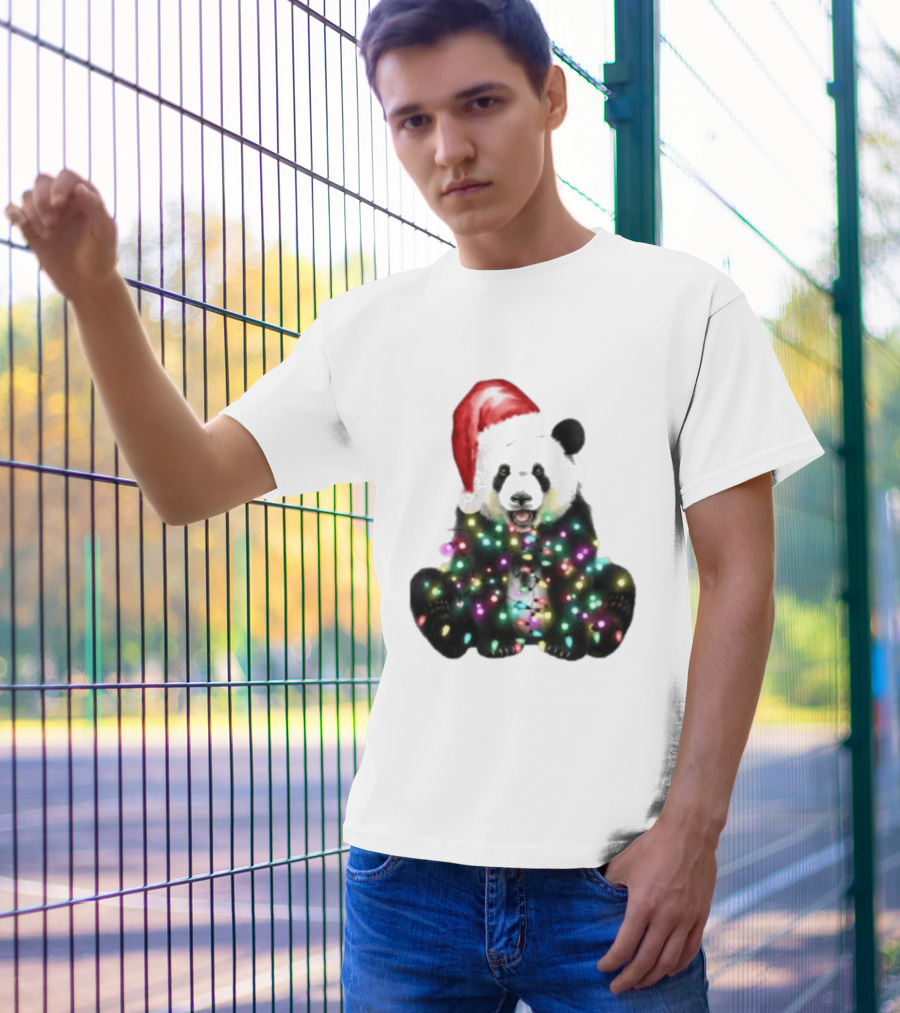 Panda With Christmas Lights And Santa Hat Holiday Animals T-Shirt