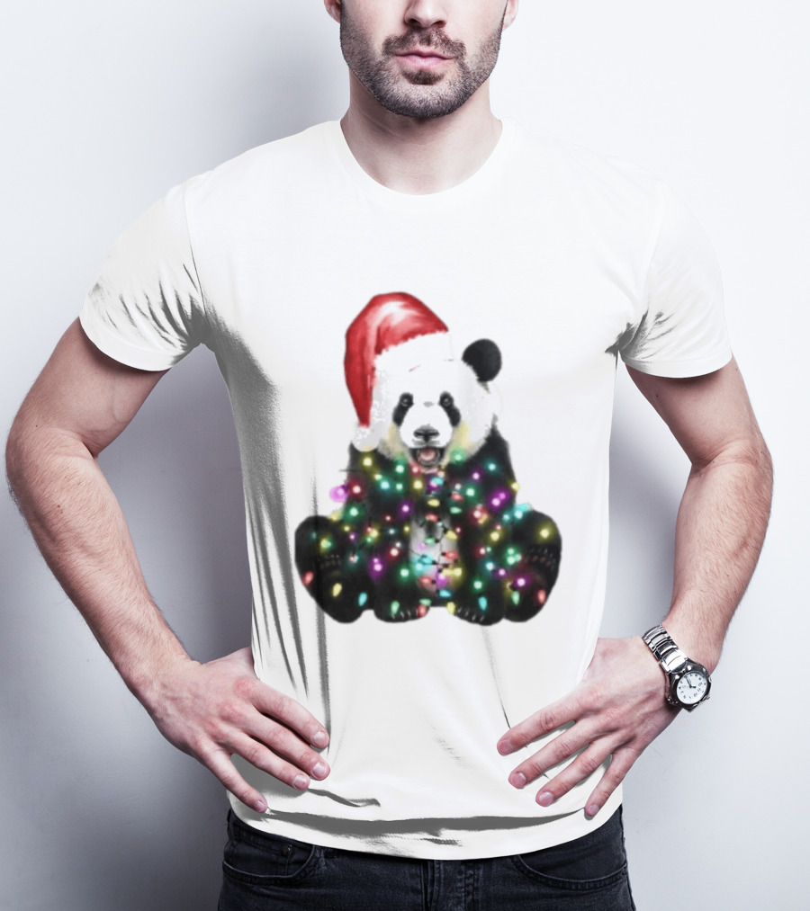 Panda With Christmas Lights And Santa Hat Holiday Animals T-Shirt
