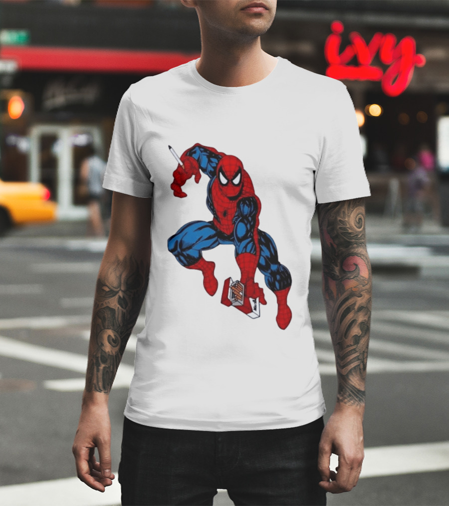 Marlboro Spider Man Crouching Holding Cigarette Packcartoon T-Shirt