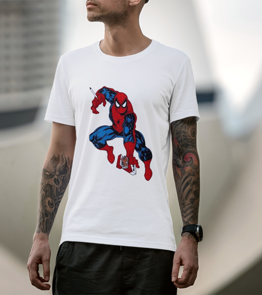 Marlboro Spider Man Crouching Holding Cigarette Packcartoon T-Shirt