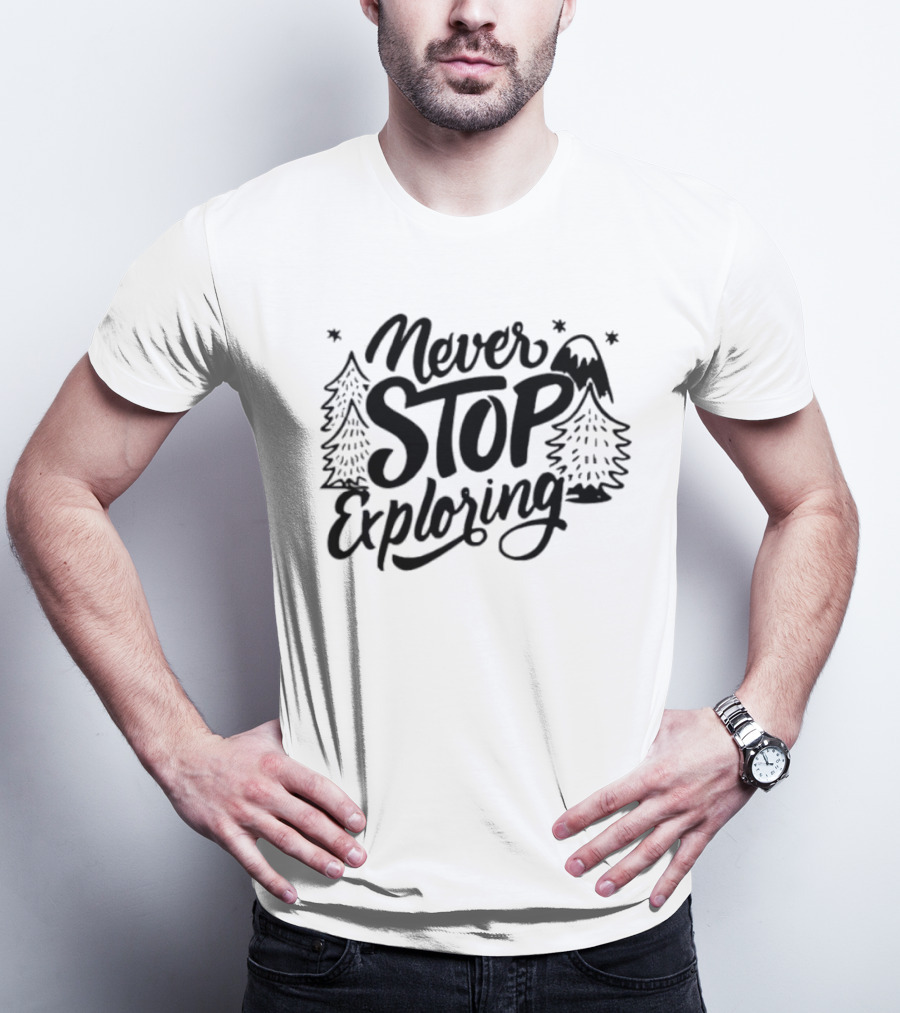 Never Stop Exploring Pine Trees Snowy Mountain Peak Stars T-Shirt