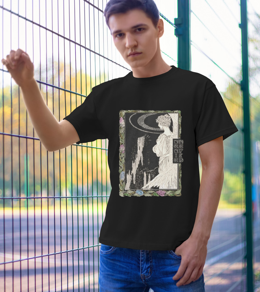 Angel Nouveau Unraveled Floral Frame Illustrative Art Winged Celestial Figure T-Shirt