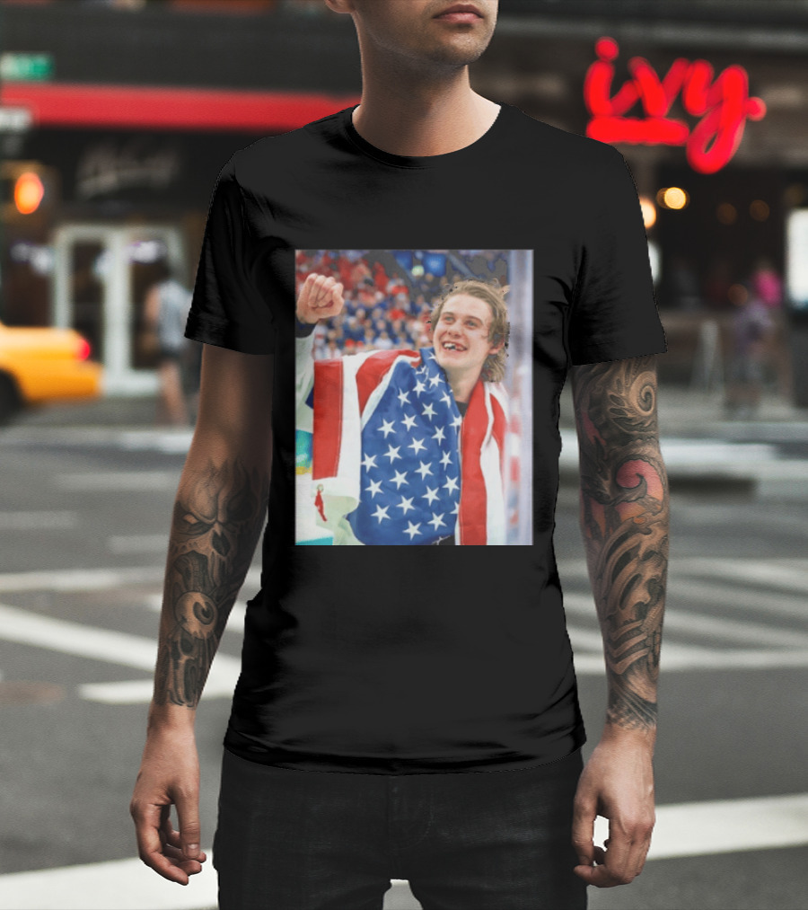 Jack Hughes USA Hockey World Champs 2026 Victory Celebration American Flag T-Shirt