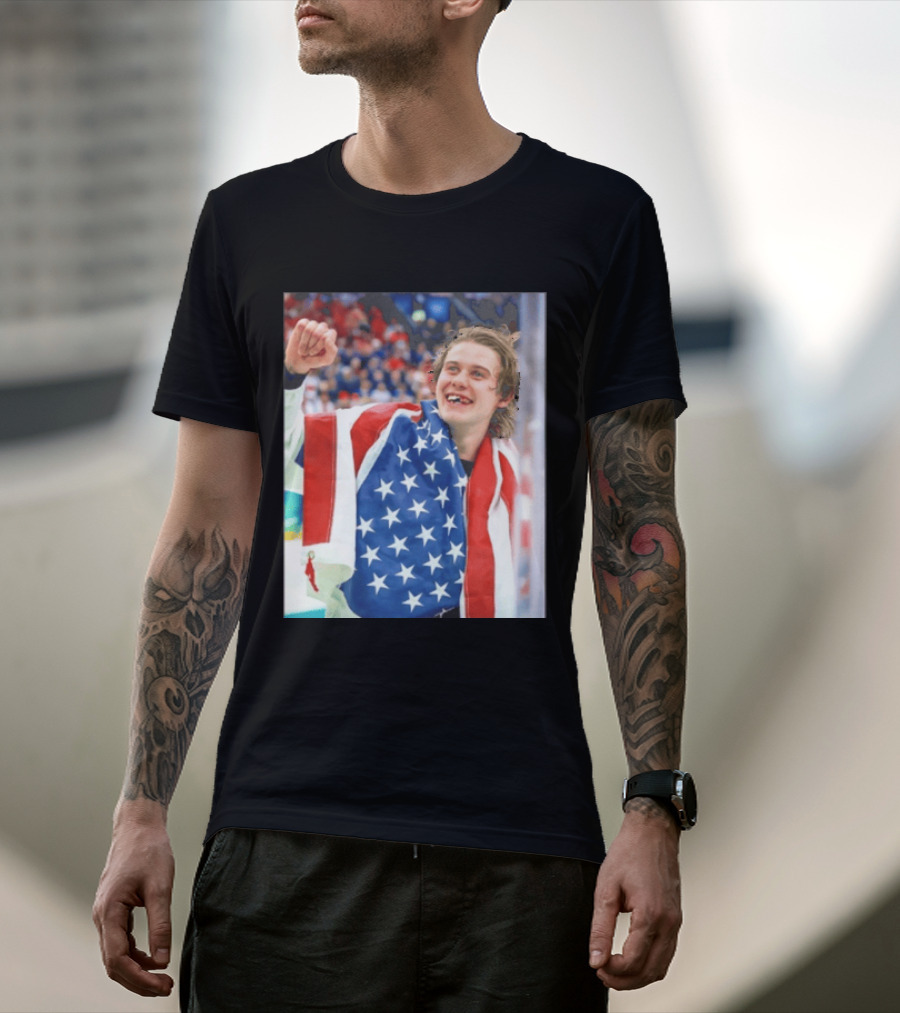 Jack Hughes USA Hockey World Champs 2026 Victory Celebration American Flag T-Shirt