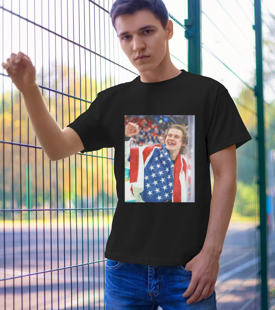 Jack Hughes USA Hockey World Champs 2026 Victory Celebration American Flag T-Shirt