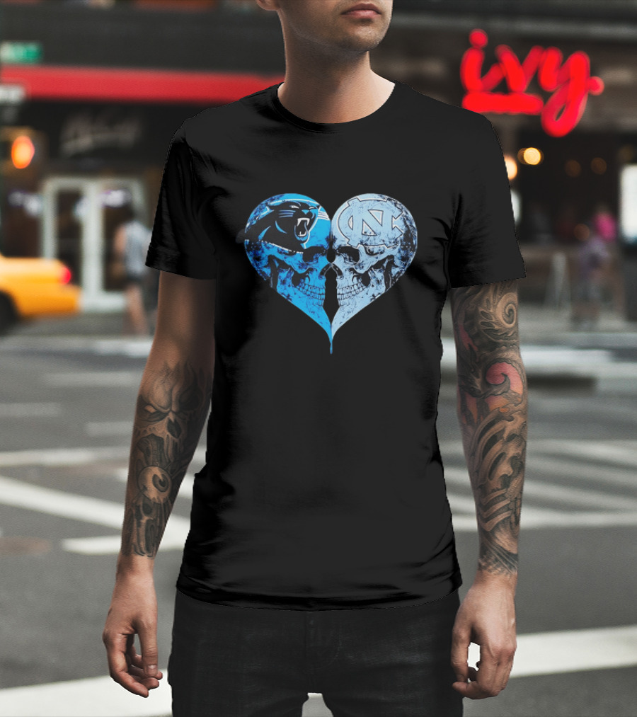 Carolina Panthers North Carolina Tar Heels Skulls Face To Face Heart Shape T-Shirt