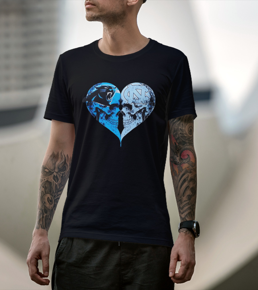 Carolina Panthers North Carolina Tar Heels Skulls Face To Face Heart Shape T-Shirt